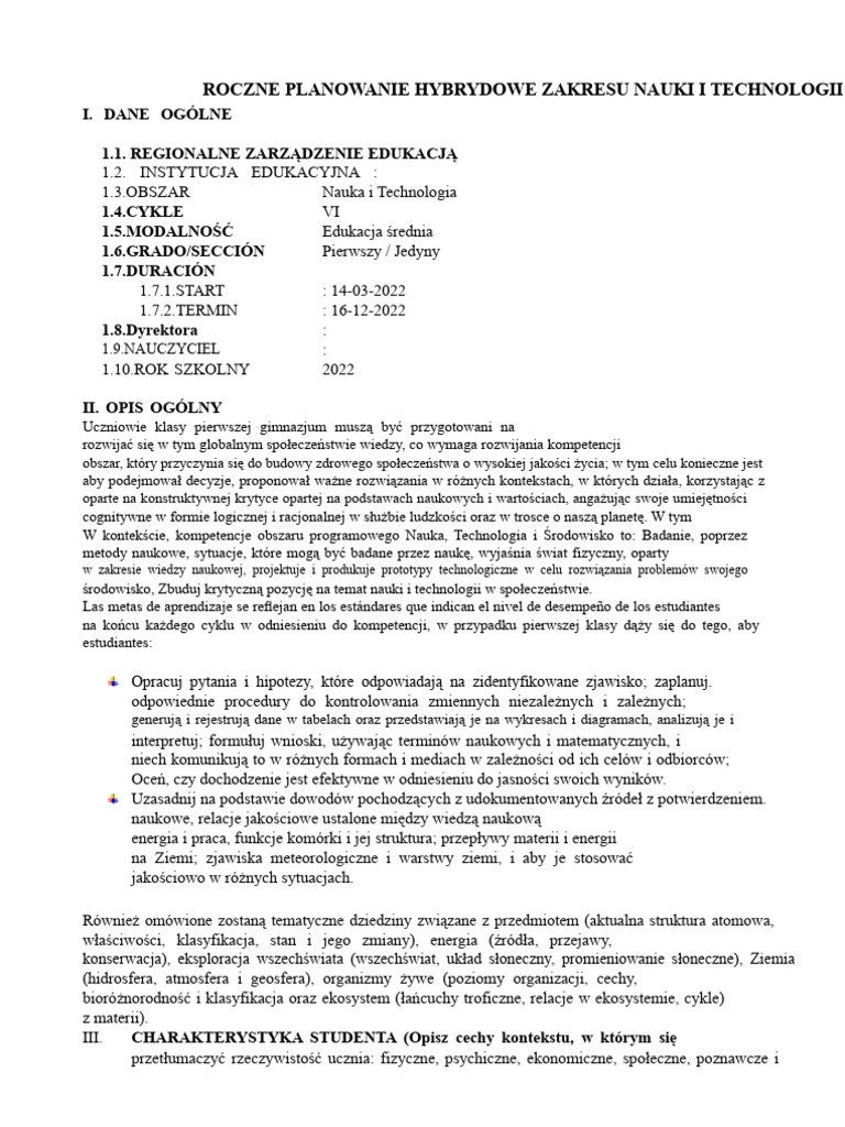 KLASA - ROCZNY PROGRAM NAUCZANIA CyT 2022 | PDF