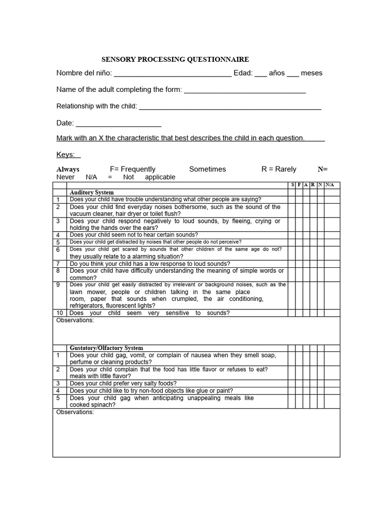 Sensory Processing Questionnaire for Children | PDF | Sound | Perception