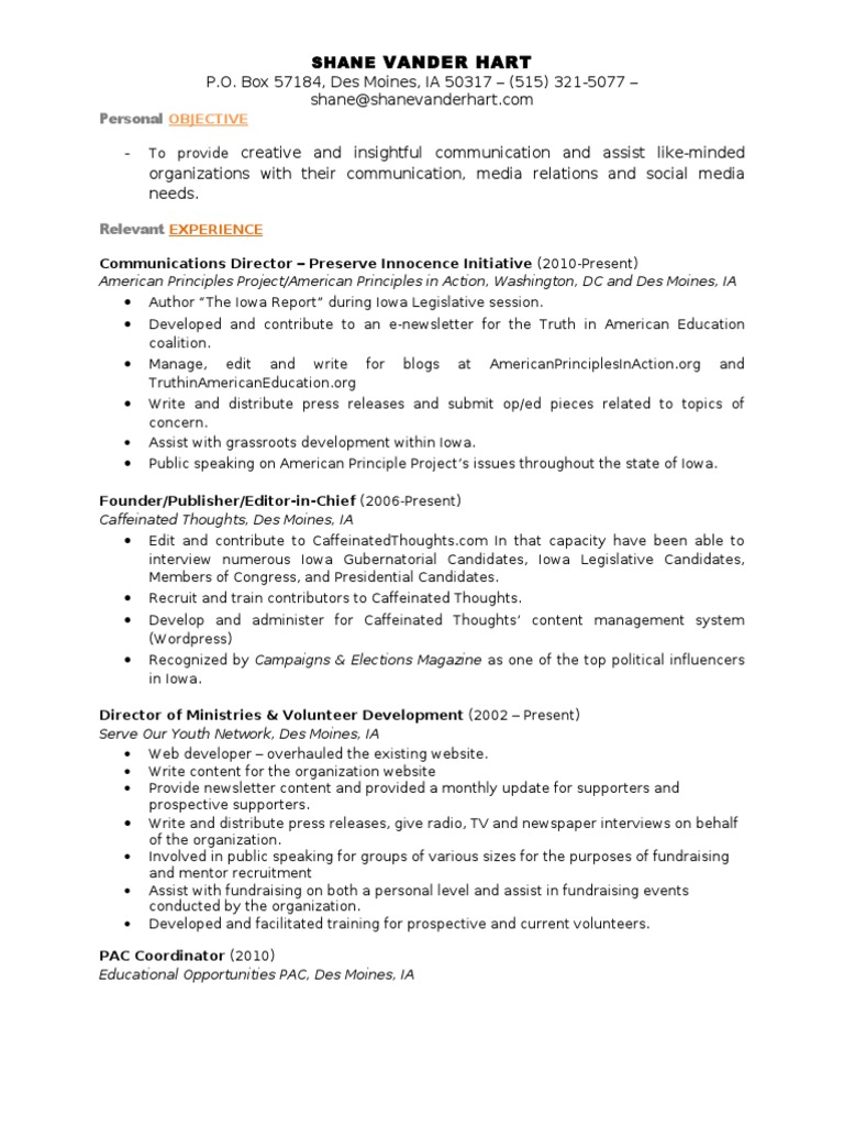 Shane Vander Hart Resume | PDF | Iowa | Political Action Committee
