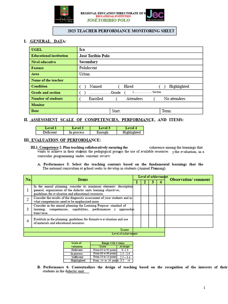 Teacher Monitoring Sheet - 2023 | PDF | Pedagogy | Learning