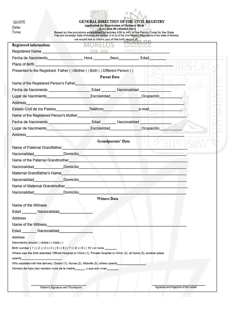 Application For Ordinary Birth Registration | PDF | Identity Document | Birth Certificate