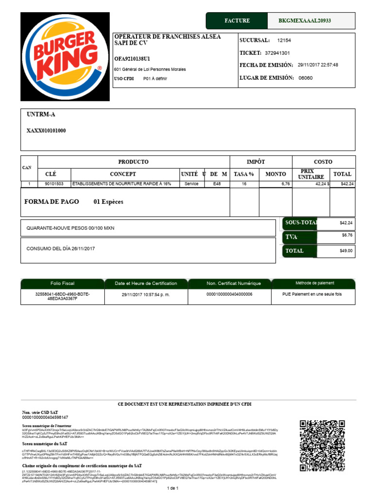 Facture de service de restauration 42,24 $ | PDF