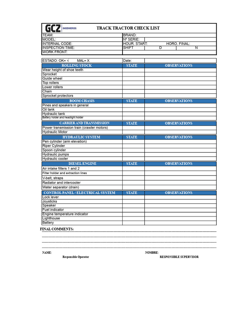 Caterpillar Tractor Check List | PDF