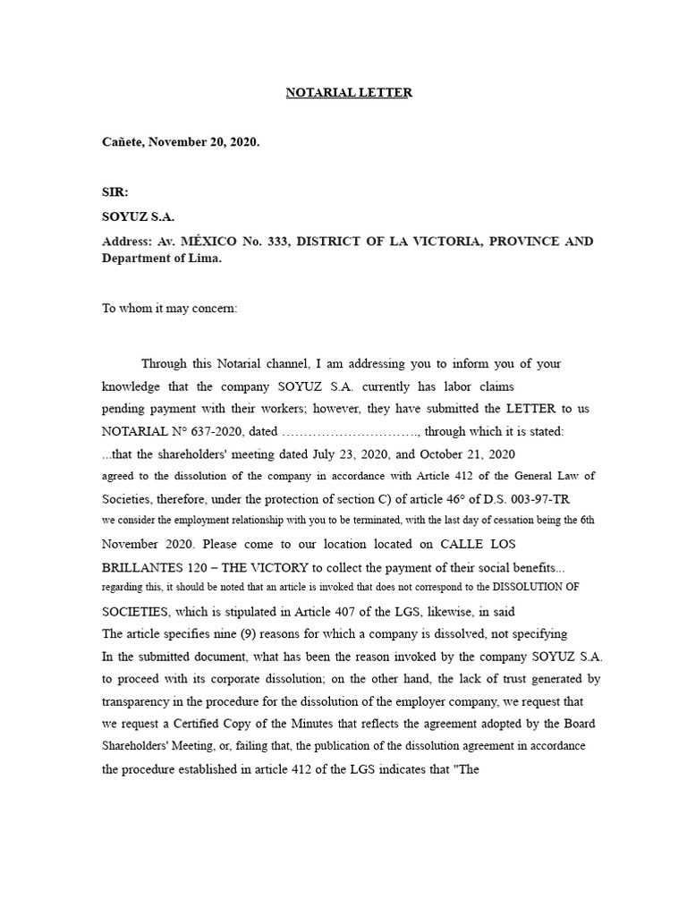 NOTARIAL LETTER (Procedure For The Dissolution, Liquidation, and ...