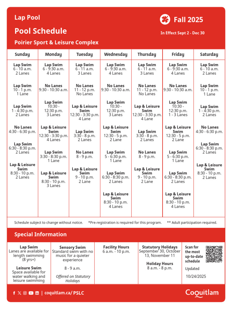 Coquitlam Fall 2025 Pool Schedule | PDF | Physical Fitness | Physical ...