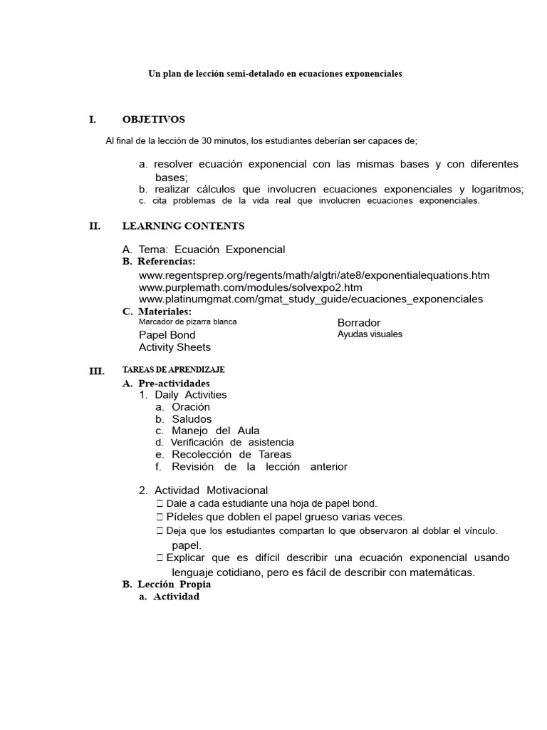 Plan de Lección: Ecuaciones Exponenciales | PDF | Logaritmo | Funcion ...