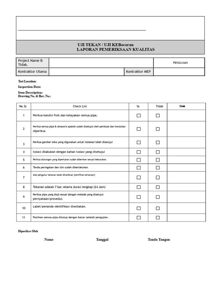 Daftar Periksa Uji Tekanan | PDF