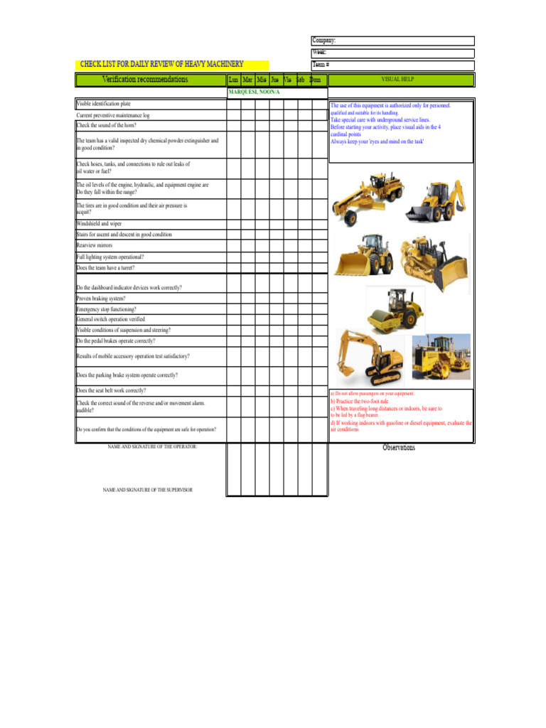 Heavy Machinery Checklist | PDF | Vehicles | Vehicle Technology