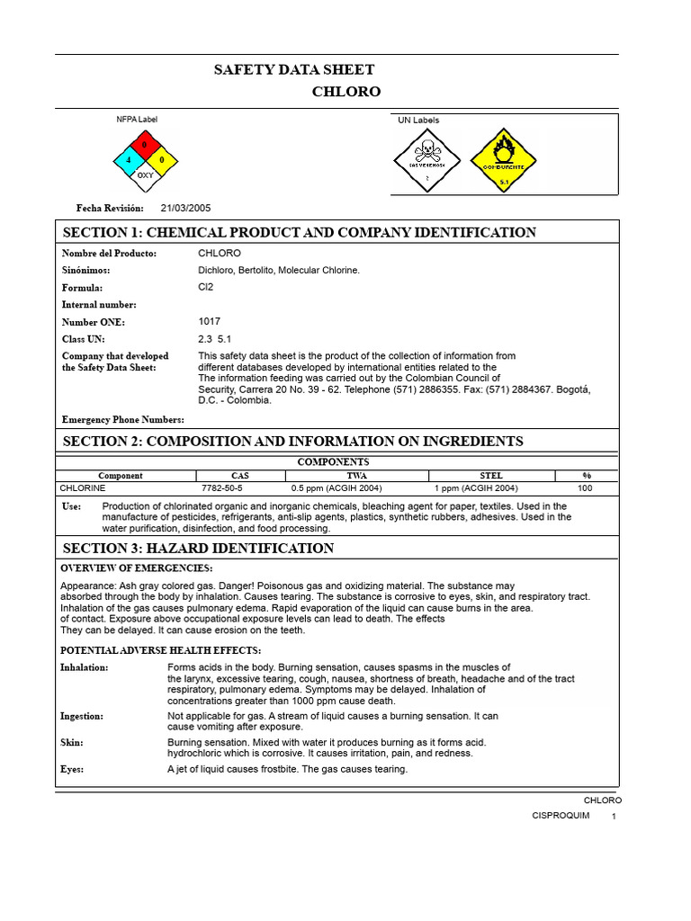 Chlorine Safety Data Sheet Overview | PDF | Chlorine | Water