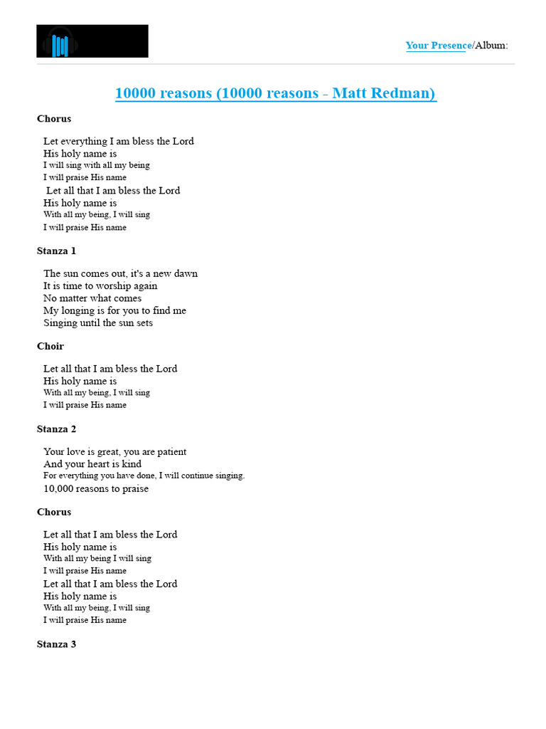 Lyrics of 10000 Reasons (10000 Reasons - Matt Redman) | PDF