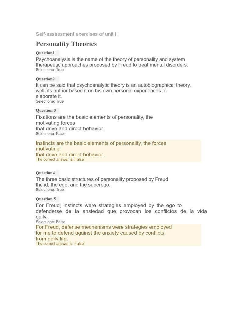 Self-Assessment on Freud's Personality Theories | PDF