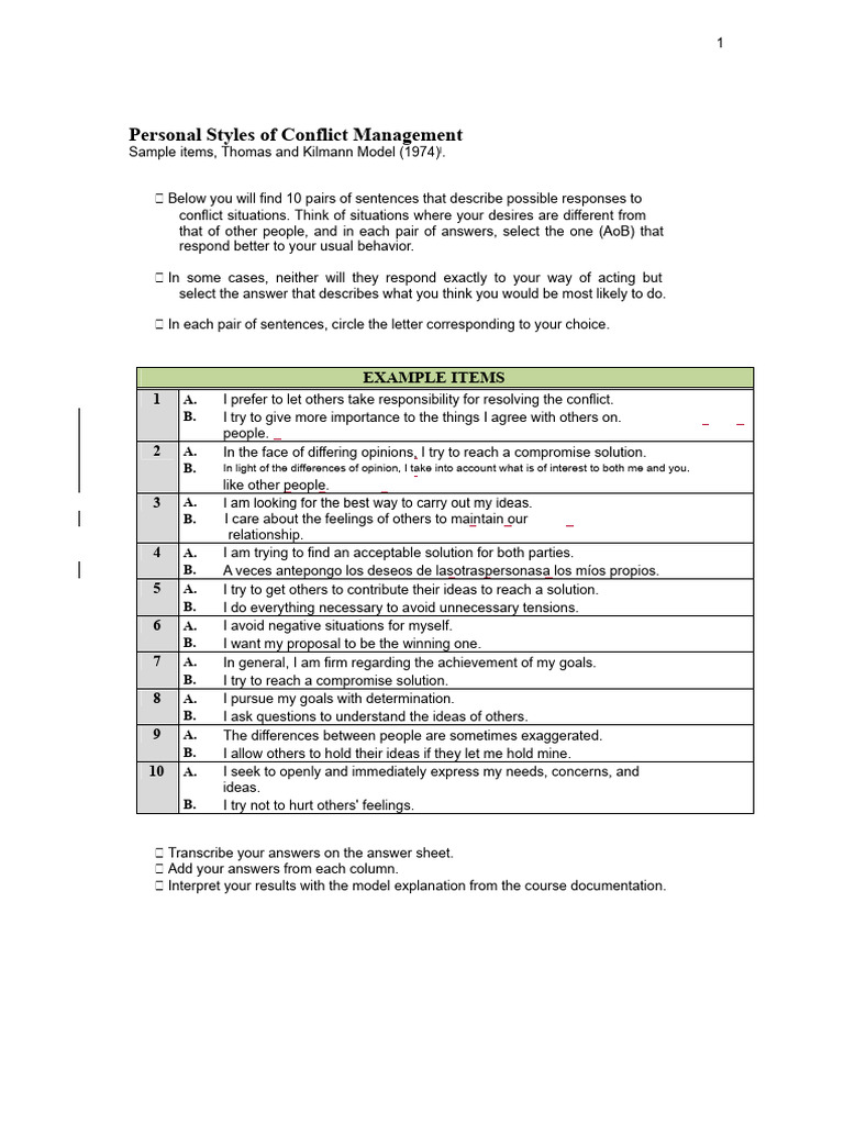 Personal Conflict Management Styles Questionnaire PDF | PDF ...