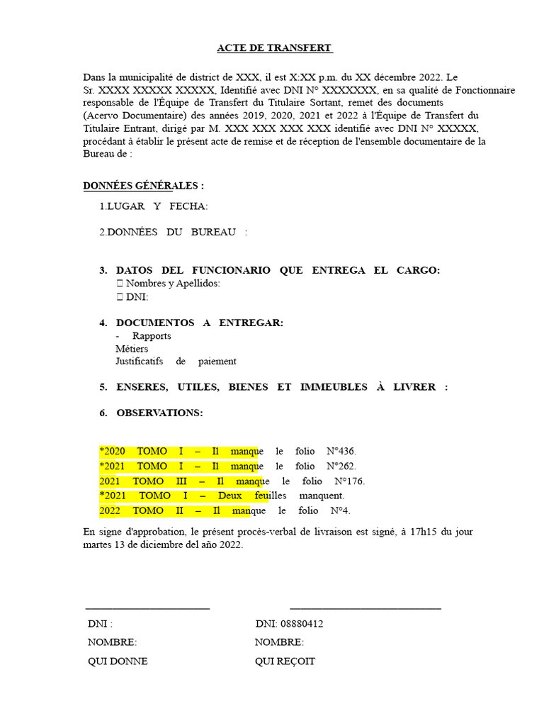 Acte de transfert de documents officiels | PDF