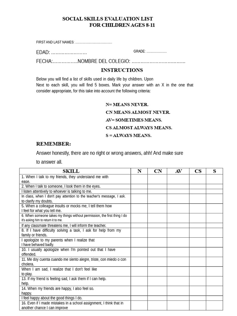 Social Skills Test For Children | PDF