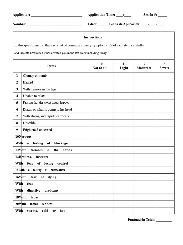 BAI - Beck Anxiety Inventory | PDF