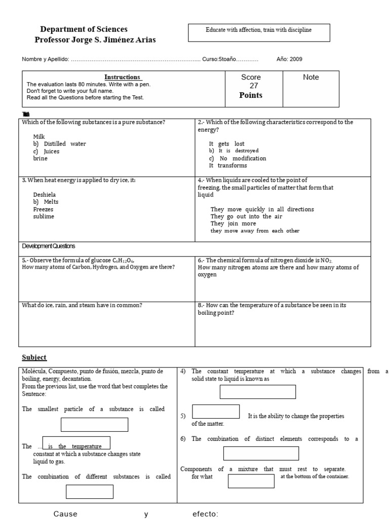 Test On Matter 5th Grade Original | PDF | Chemical Substances | Liquids