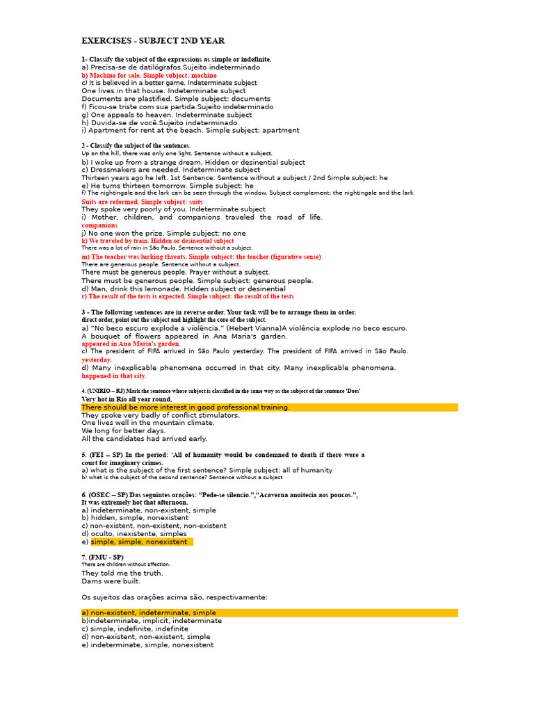 Exercises About Subject | PDF