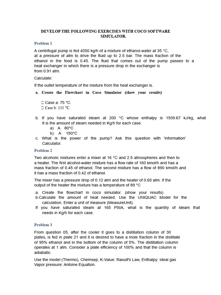 Exercises With Coco Simulator Software | PDF | Distillation | Physical Sciences