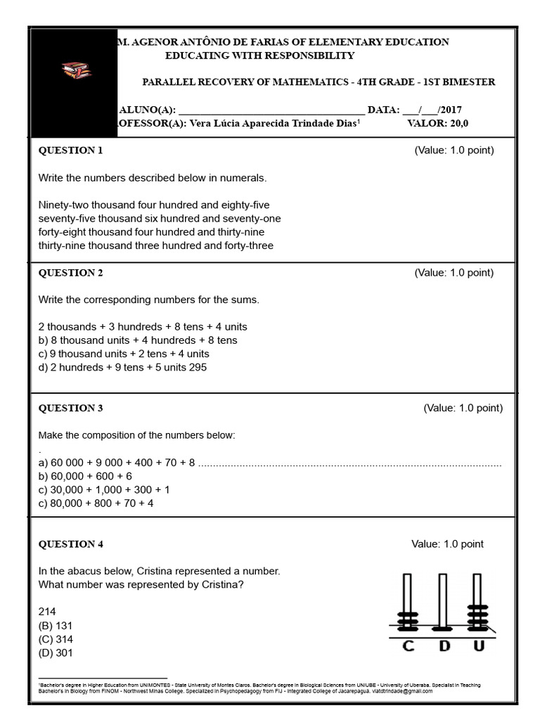 1st Mathematics Assessment - 4th Grade - 1st Semester - 2017 | PDF
