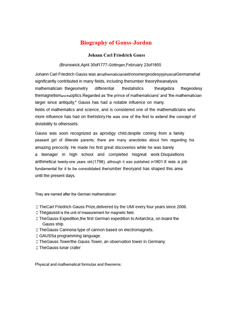 Biography of Gauss | PDF | Matrix (Mathematics) | Applied Mathematics