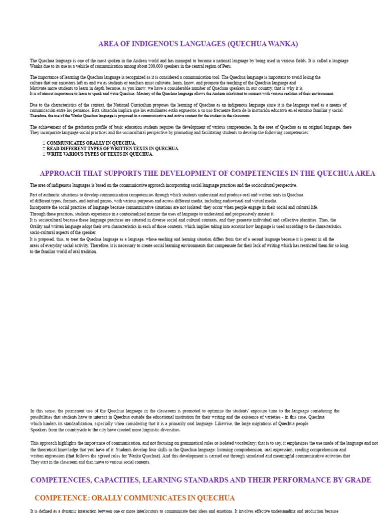 AREA OF ORIGINAL LANGUAGES (QUECHUA WANKA) IE Aychana PC 2021 | PDF ...