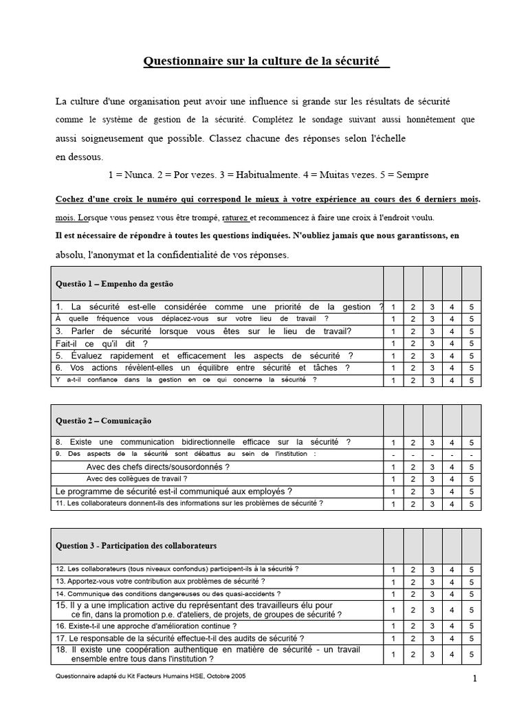 Questionnaire sur la culture de sécurité | PDF | Sécurité