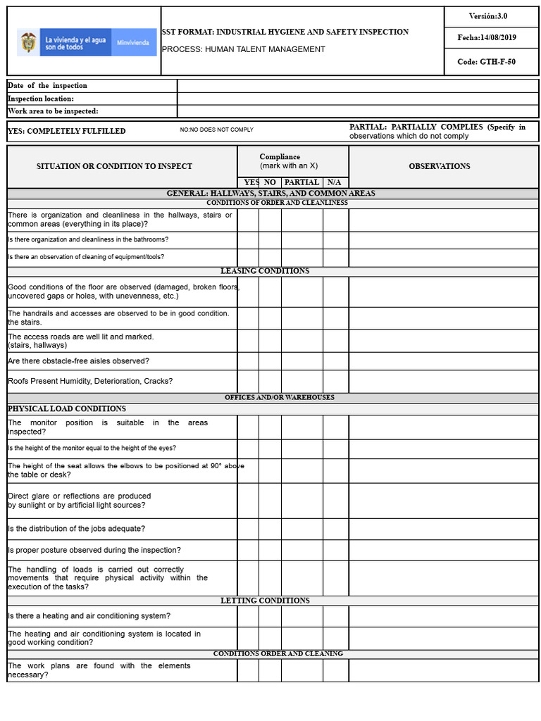 GTH-F-50 Format Sst-Industrial Hygiene and Safety Inspection 3.0 | PDF | Personal Protective ...