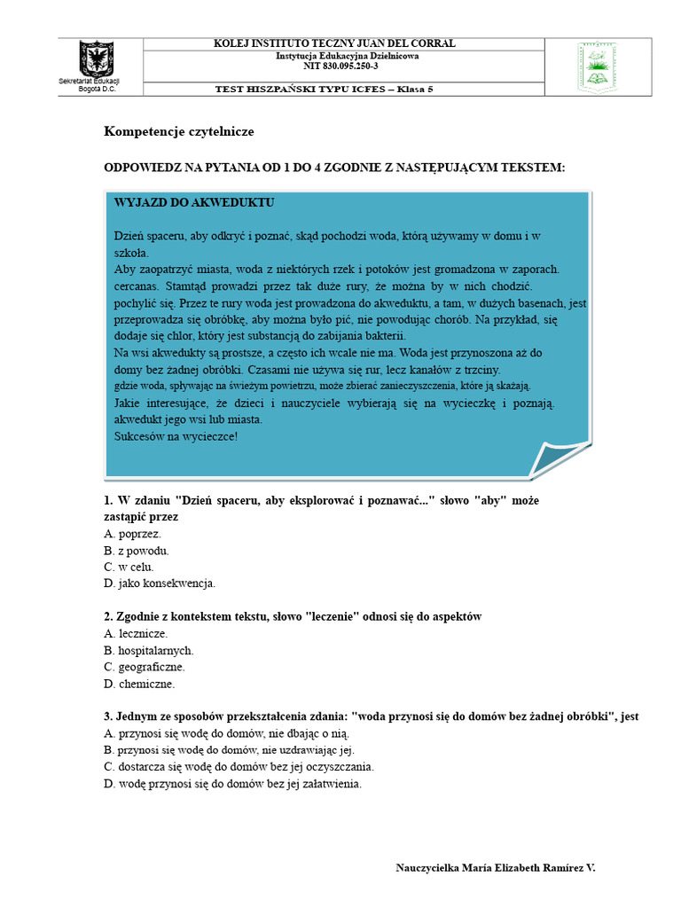 TEST TYPE ICFES SPANISH Fifth Grade | PDF