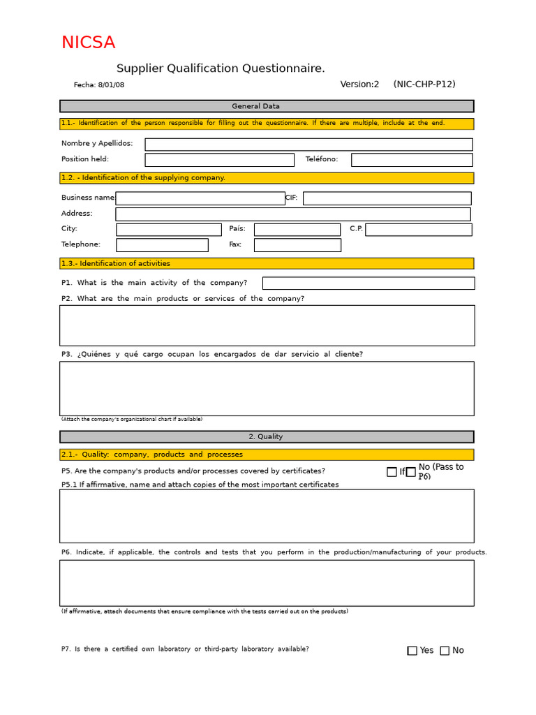 Supplier Qualification Questionnaire Template | PDF | Supply Chain