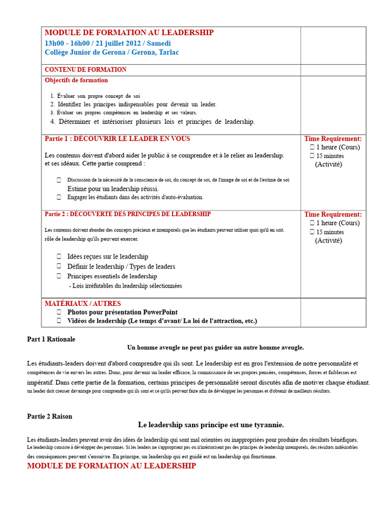 Formation Leadership : Connaissance de Soi | PDF | Direction | Estime ...