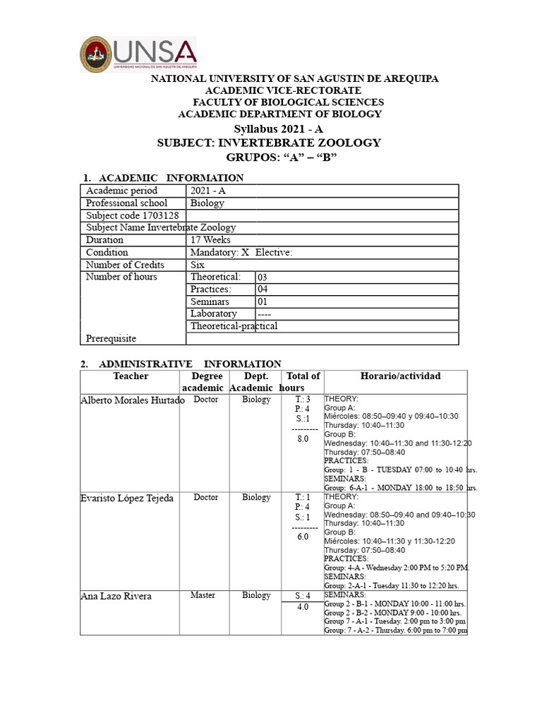 Syllabus - 2021-A Invertebrates | PDF | Distance Education | Invertebrate