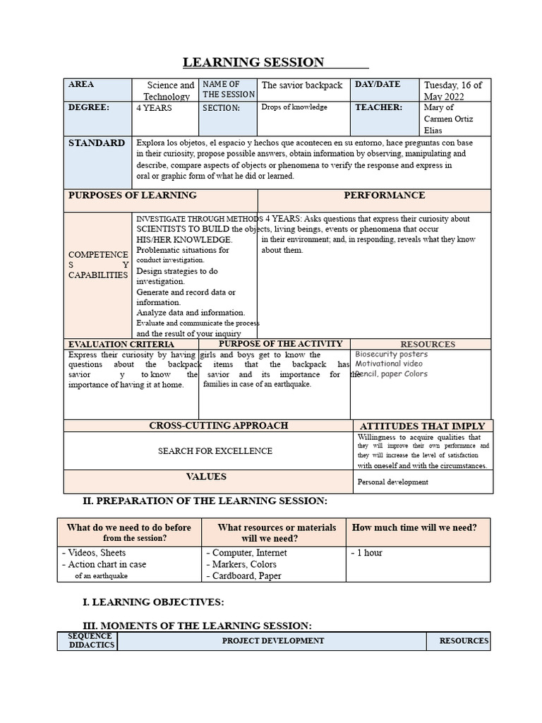 Emergency Backpack Learning Session | PDF | Knowledge | Learning