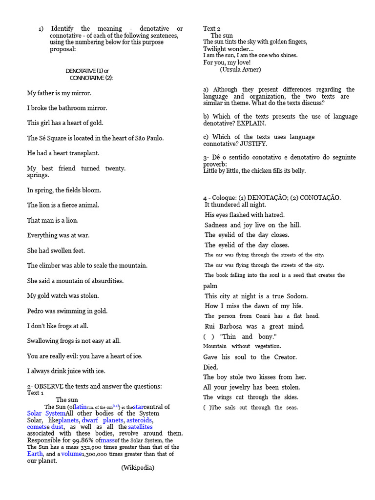 Exercises Denotation and Connotation | PDF | Silence | Planets