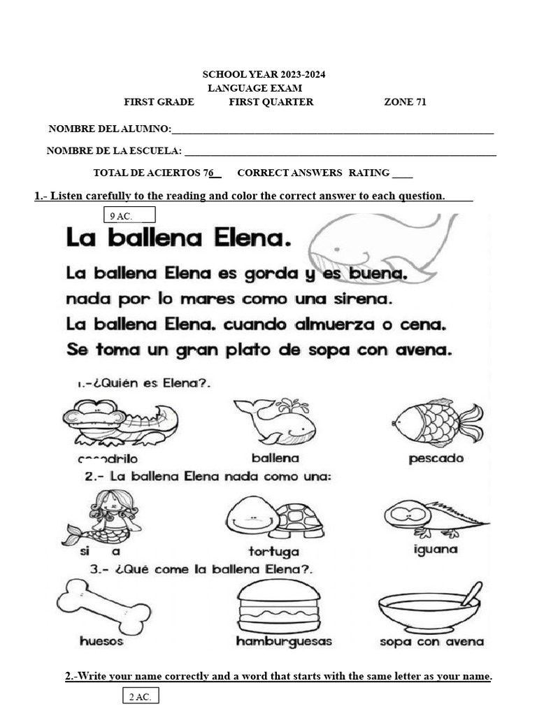 First Grade Language Exam 2023-2024 | PDF