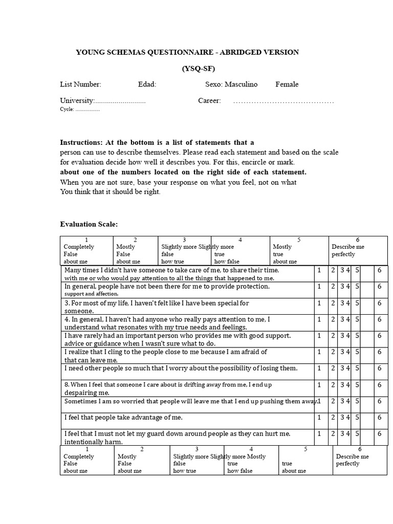 Young Schemas Questionnaire | PDF | Disciplines | Social Psychology
