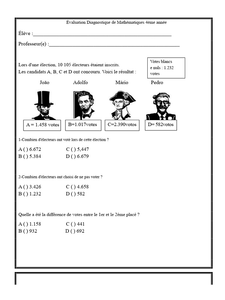 Évaluation Mathématiques 4ème Année | PDF | Mathématiques