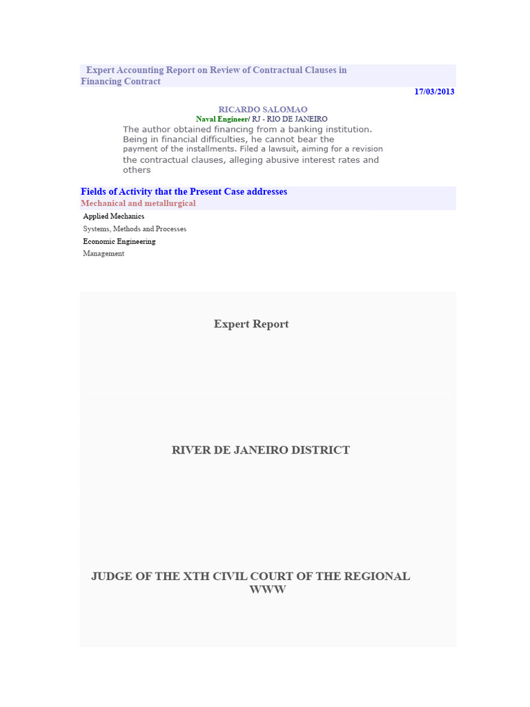 Expert Accounting Report On Review of Contractual Clauses in Financing ...
