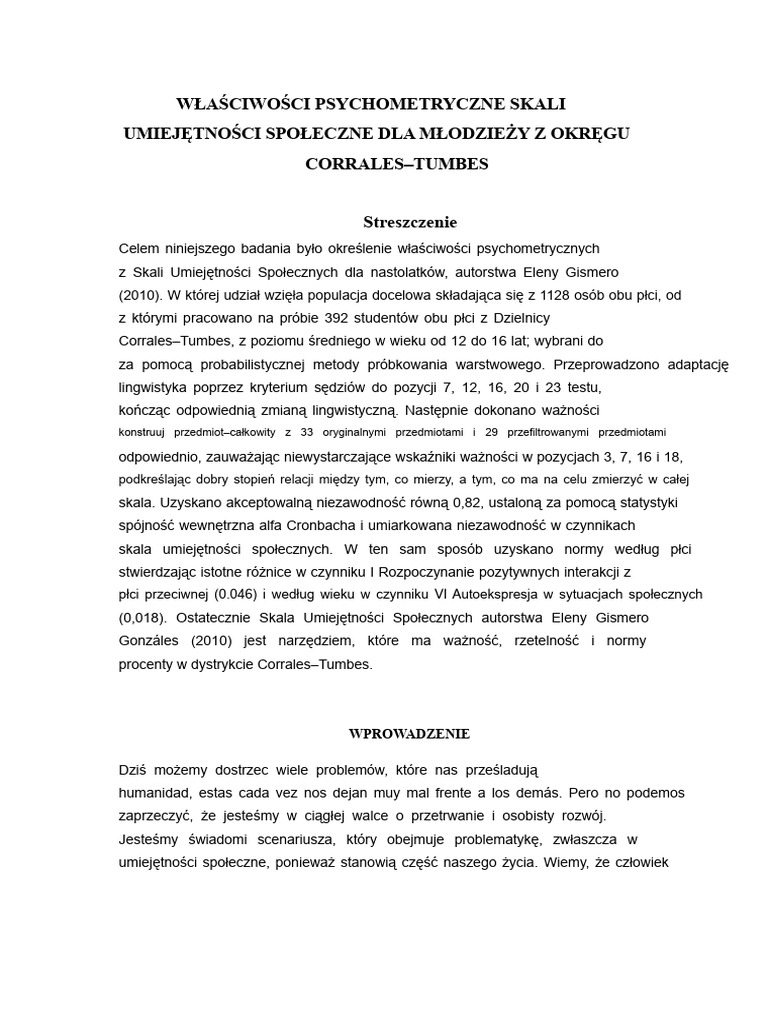Właściwości Psychometryczne Skali Umiejętności Społecznych Dla ...