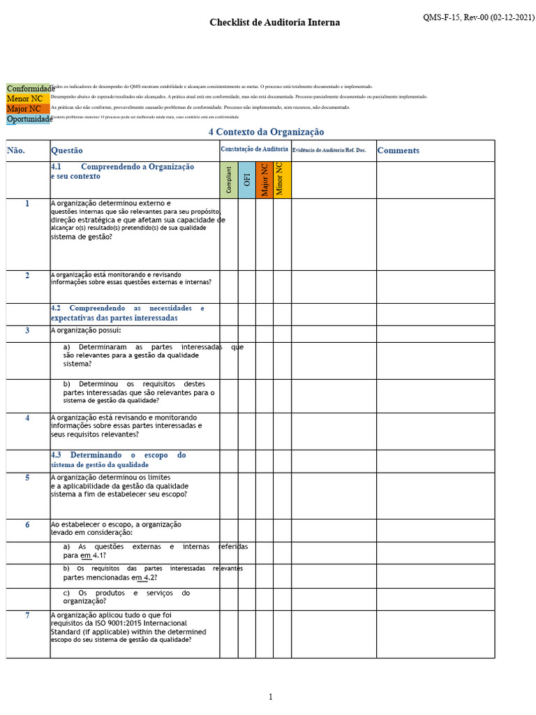 Checklist de Auditoria Interna QMS 2021 | PDF | Gestão de qualidade ...