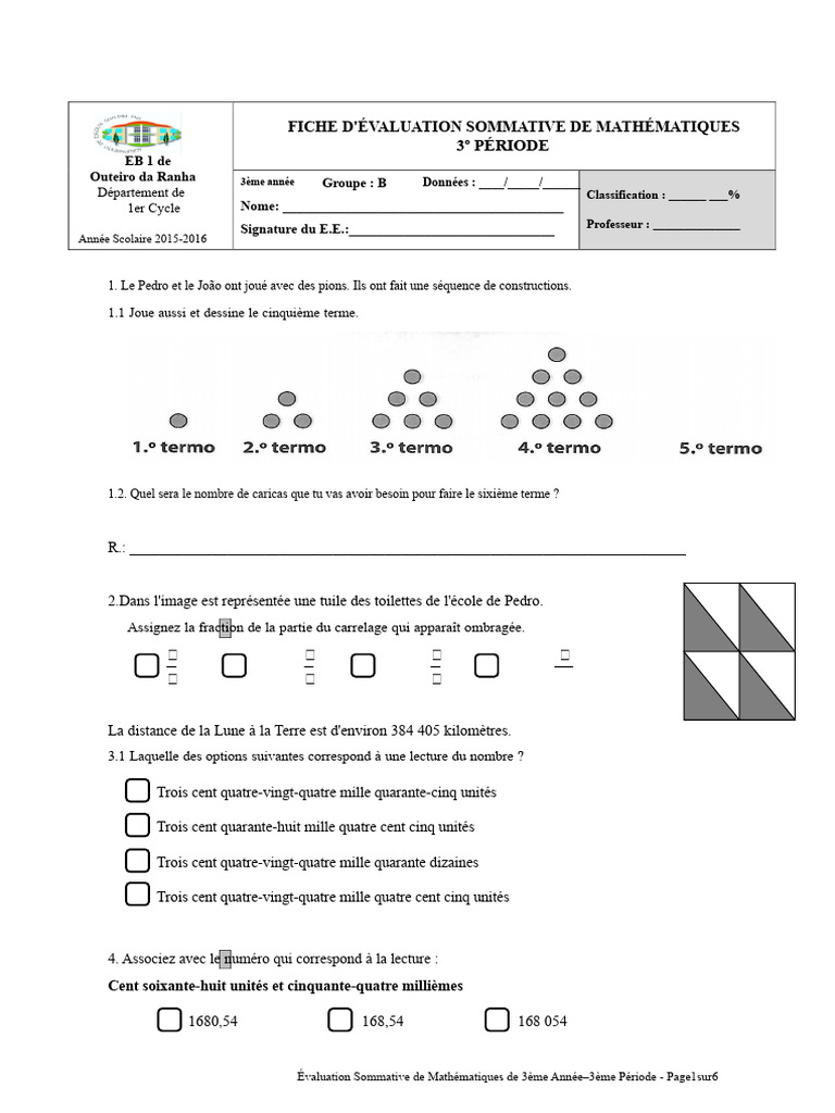 Évaluation Mathématiques 3ème Année - Période 3 | PDF | Mathématiques