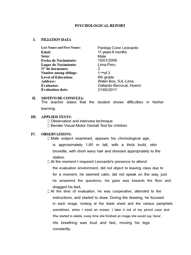 Psychological Report. Bender Test, For Children | PDF | Psychology ...