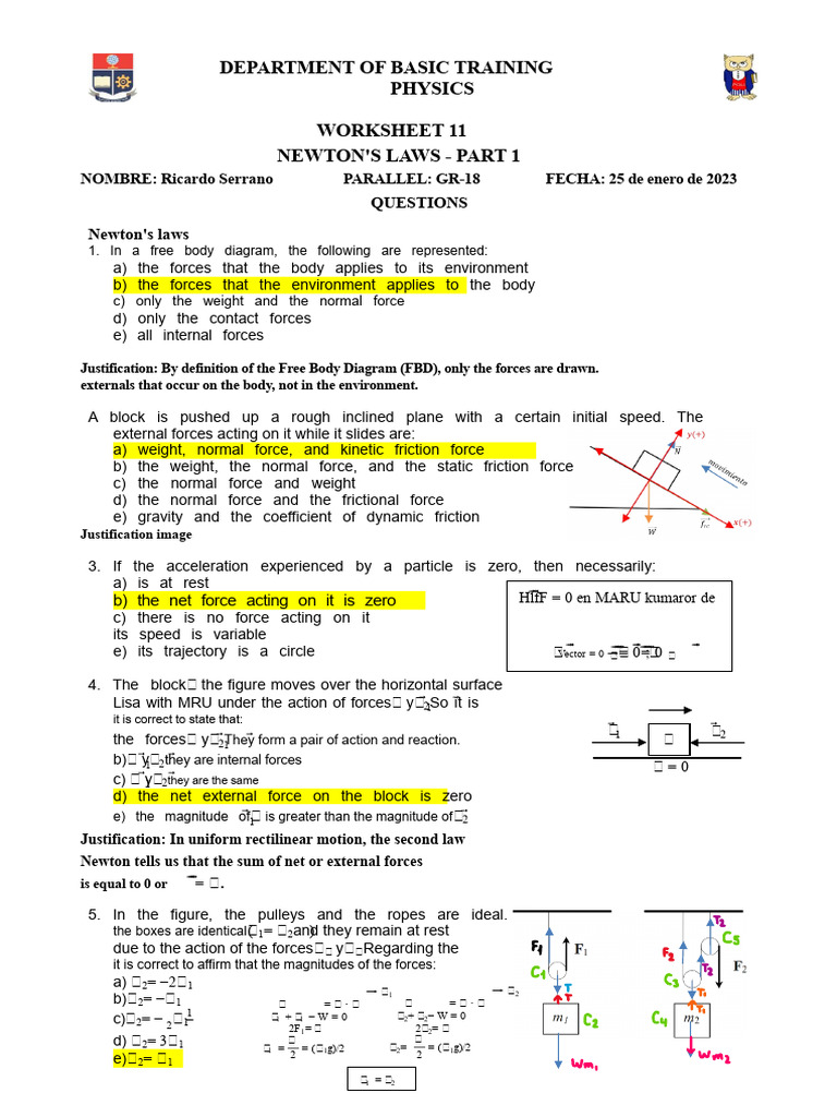 Newton's Laws Worksheet 11 | PDF | Force | Newton's Laws Of Motion