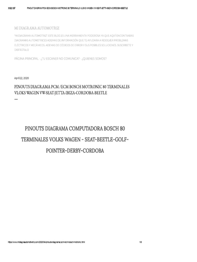 Pinouts Diagram PCM - Ecm Bosch Motronic 80 Terminals Vloks Wagen Vw ...