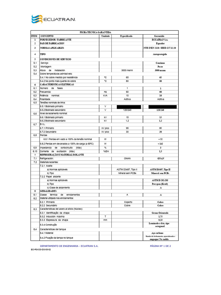 Ficha Técnica Transformador Monofásico Autoprotegido de 10 kVA 7967 ...