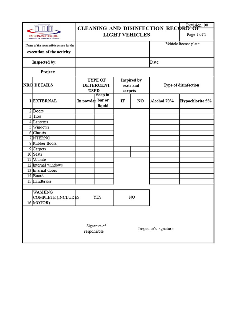 Vehicle Cleaning and Disinfection Log | PDF