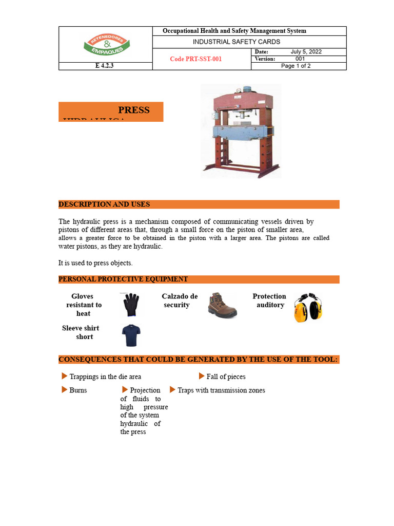 Hydraulic Press Safety Guidelines | PDF | Occupational Safety And ...