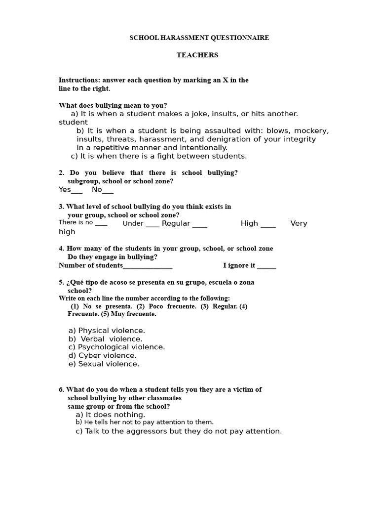 Questionnaire For Teachers (Bullying) | PDF | Bullying | Violence