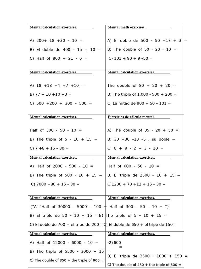 Mental Math Exercises for Quick Calculations | PDF