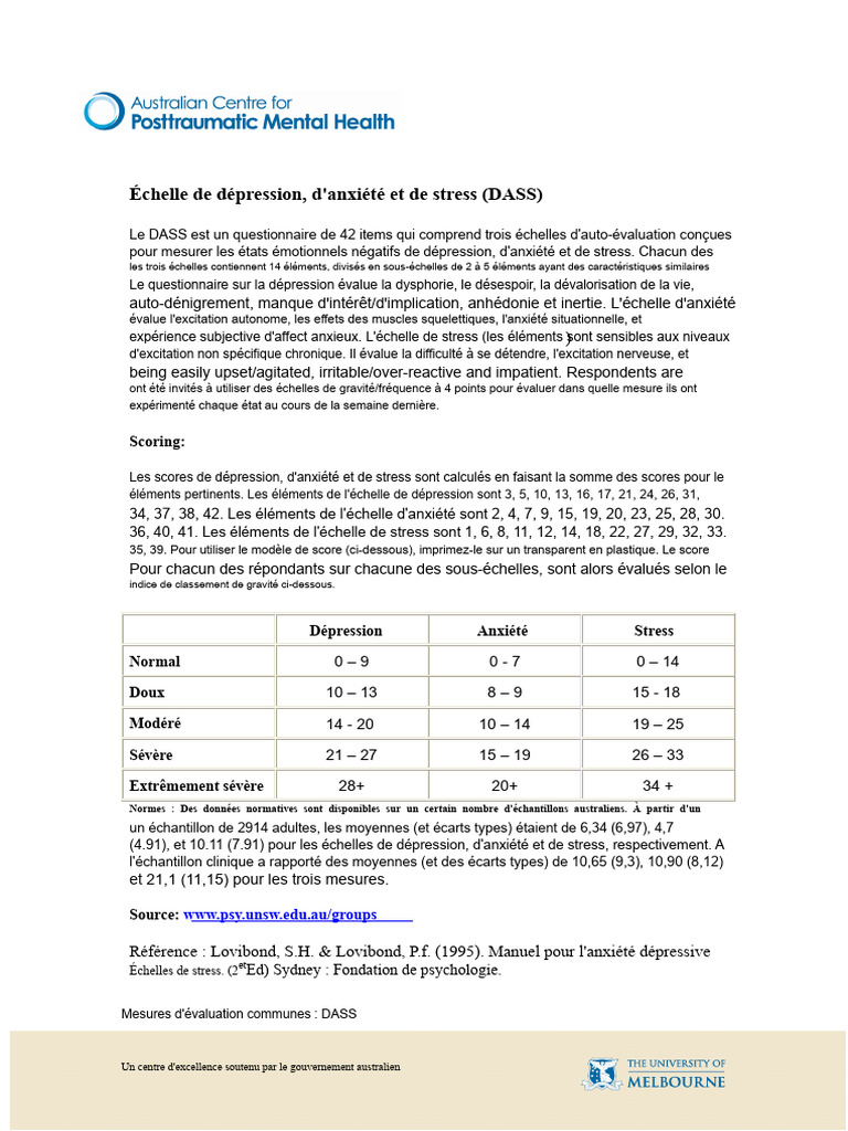 Questionnaire DASS : Dépression, Anxiété, Stress | PDF | Dépression ...