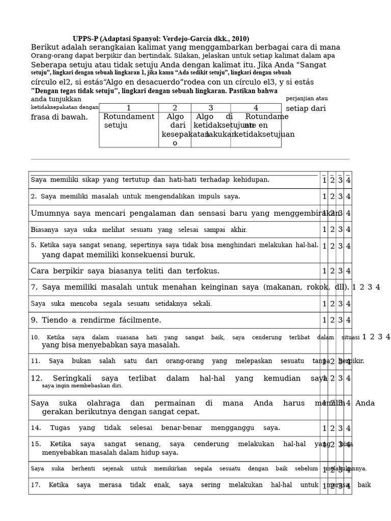 Kuesioner Impulsivitas Upps-P | PDF